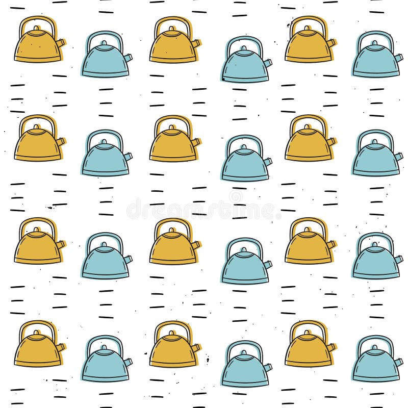 Vector Seamless Pattern with Kettle. Kitchen Background. Hand Drawn ...