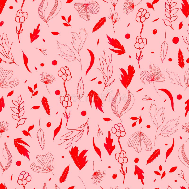 Vector Seamless Pattern of Leaves and Twigs. Red Pink Botanical ...