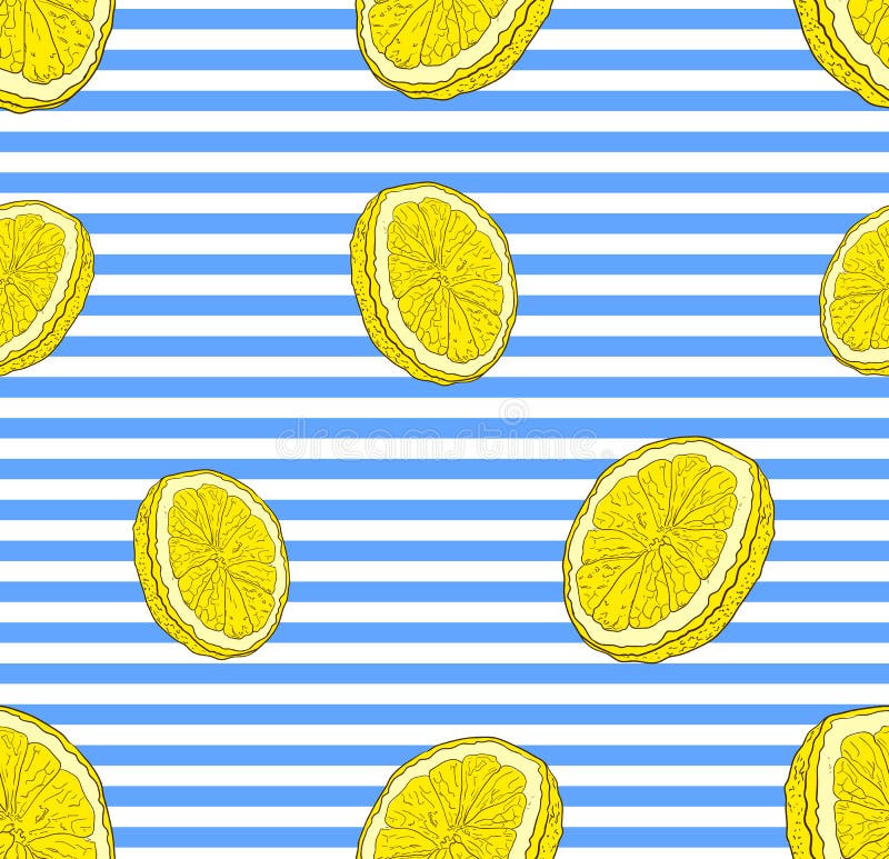 Vector Seamless Pattern: Lemons, Stiped Blue and White Background and ...