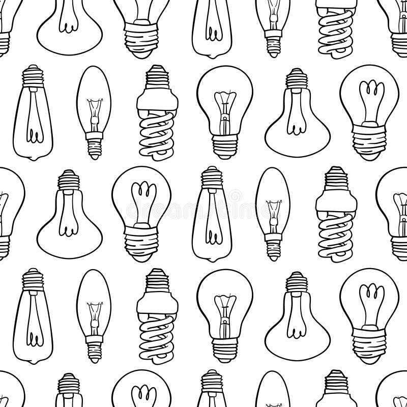 Vector Seamless Pattern with Light Bulbs. Hand Drawn Black and White ...
