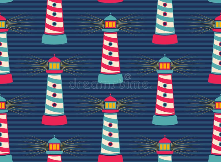 Vector Seamless Pattern of Lighthouse in Retro Style. Marine Pattern of ...