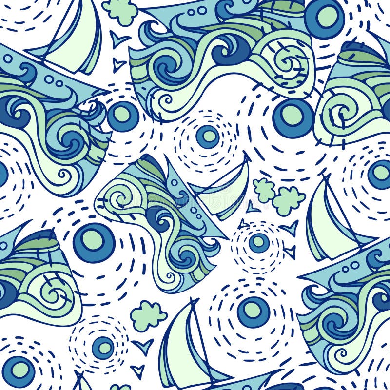 Vector Seamless Pattern Design of Sea Landscape with Sailboat and Sun ...