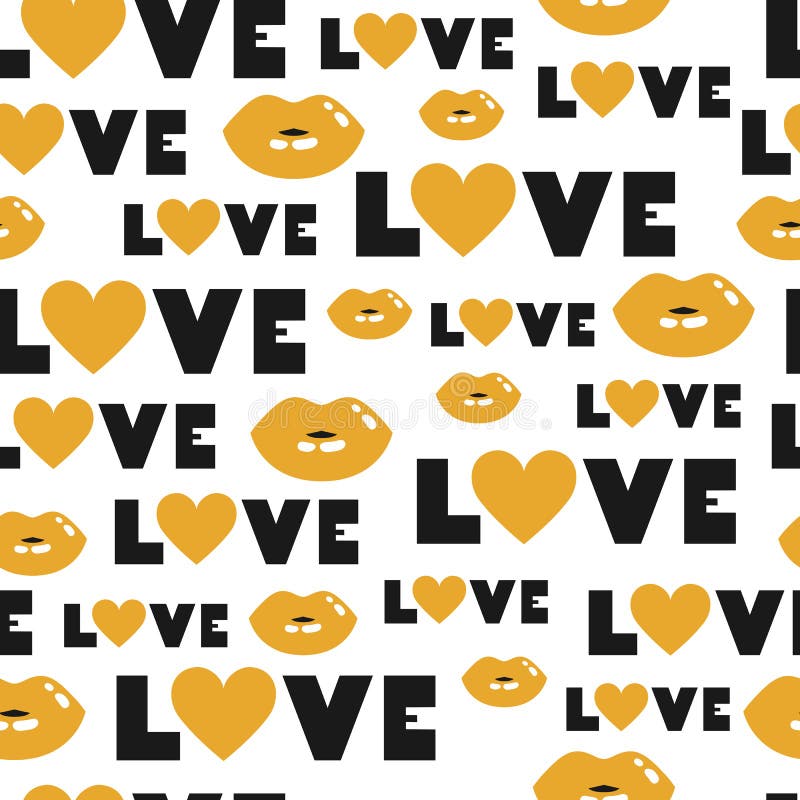 Vector Seamless Pattern of Love Word with Hearts and Lips Stock Vector ...