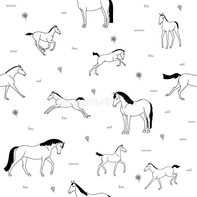 Vector Seamless Pattern, Mares with Foals in a Meadow Stock Vector ...