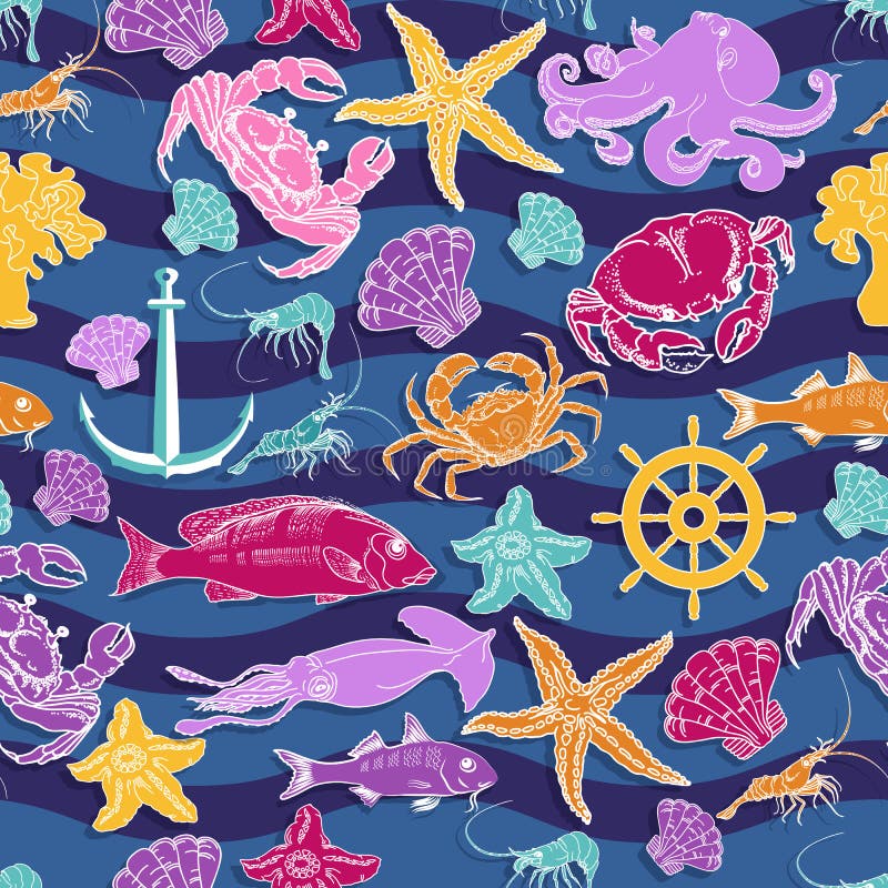Vector Seamless Pattern on the Marine-themed. Sea Creatures. Stock ...
