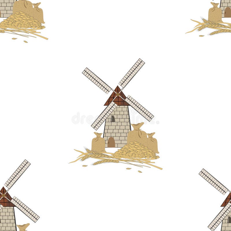 Vector Seamless Pattern of Mills, Bags with Grain and Ears of Wheat on ...
