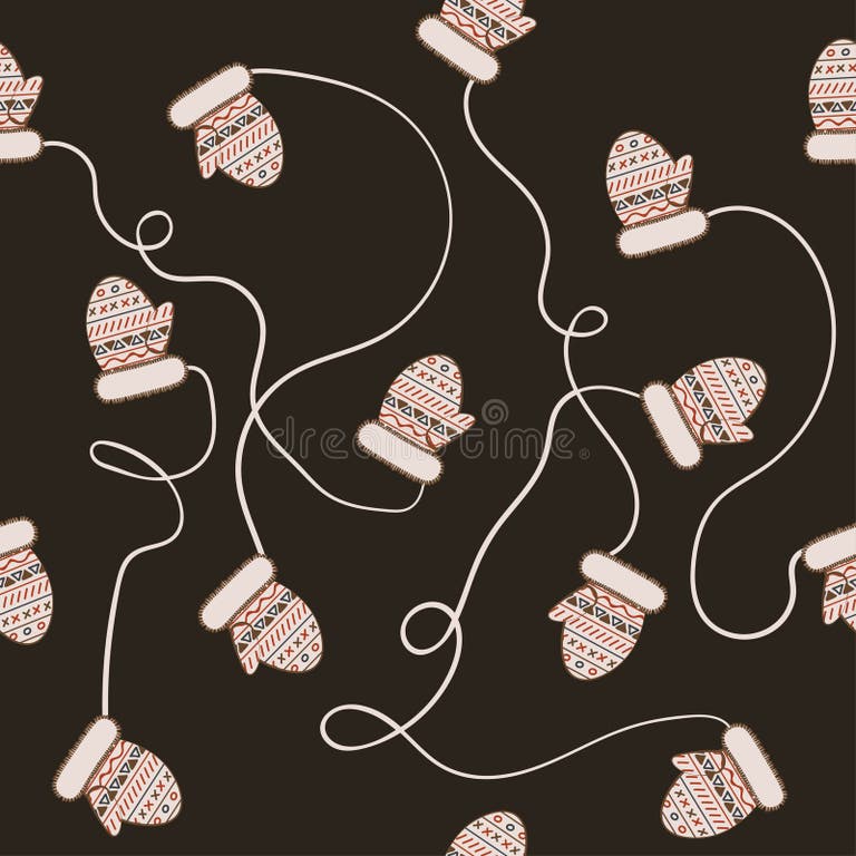 Vector Seamless Pattern with Mittens on a String. Black Background ...