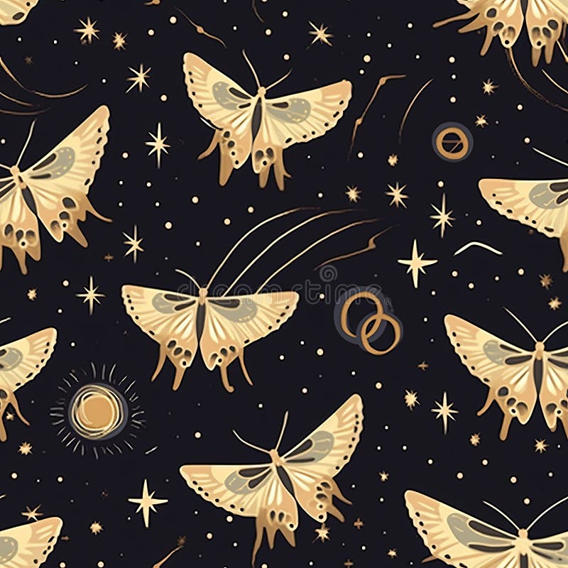 Vector Seamless Pattern with Moon Moth and Stars. Contemporary ...