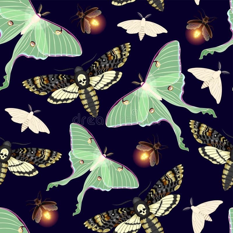Vector Seamless Pattern with Moon Moth and Stars Stock Vector ...