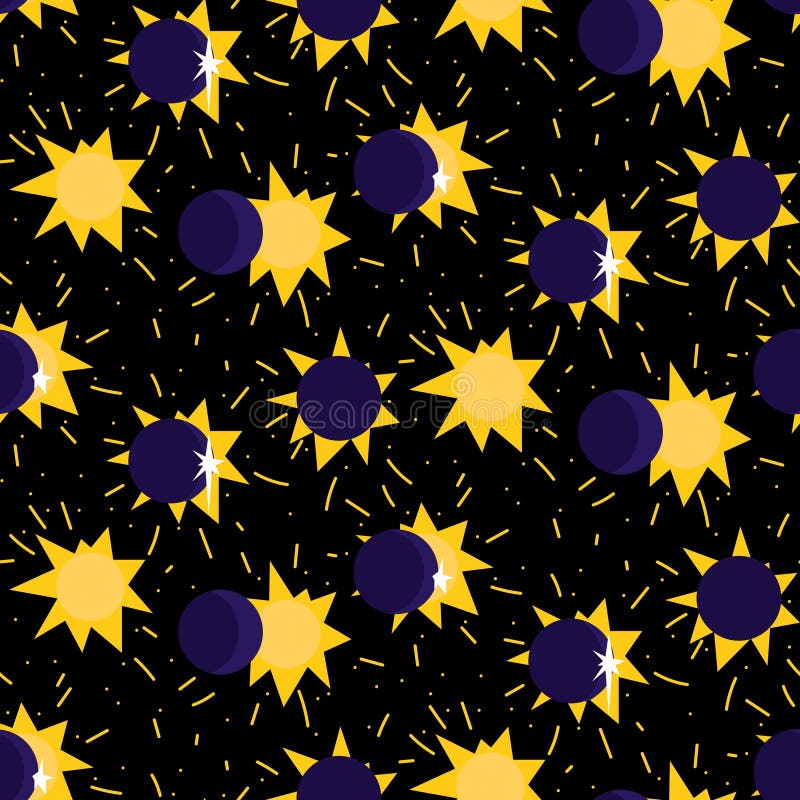 Pattern with Eclipse, Sun, Crescent, Clouds, Stars Stock Illustration ...