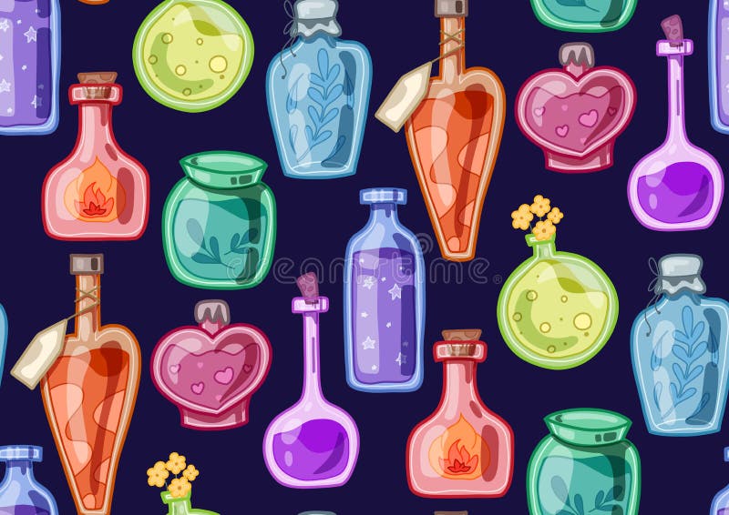 Vector Seamless Pattern with Multicolored Bottles with Potions and ...