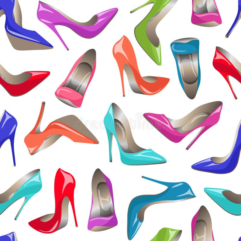 Vector Seamless Pattern with Multicolored Cartoon Pumps. Patent Leather ...