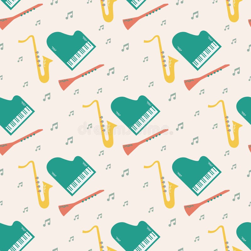Vector Seamless Pattern Musical Jazz Instruments Orchestra - Piano ...