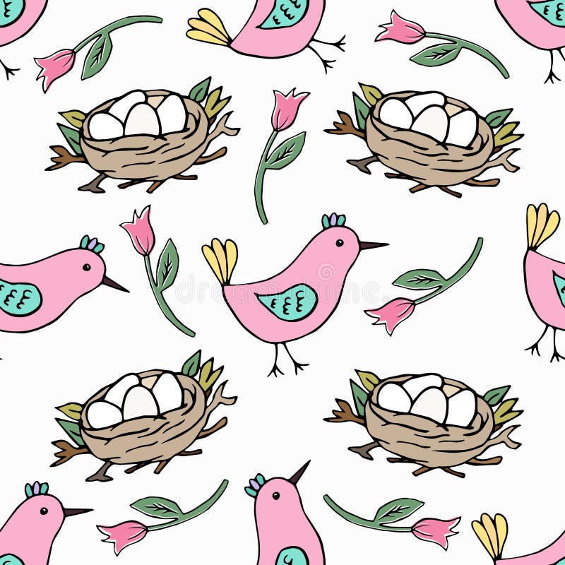 Vector Seamless Pattern with Nest, Birds. Hand Drawn Spring Easter ...