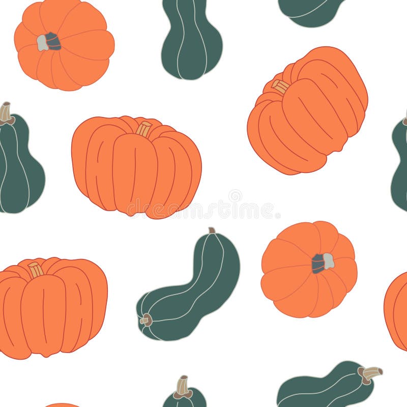 Vector Seamless Pattern with Orange Pumpkins and Green Squashes on ...