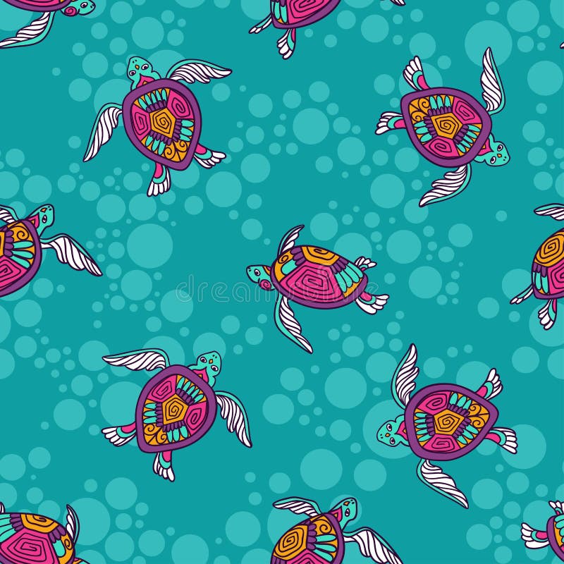 Vector Seamless Pattern with Ornamental Ocean Turtles. Blue Ethnic ...