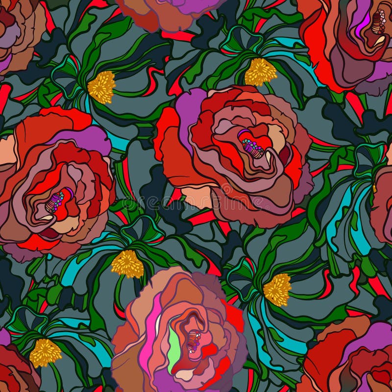 Vector Seamless Pattern With Outline Abstract Roses Beautiful Floral