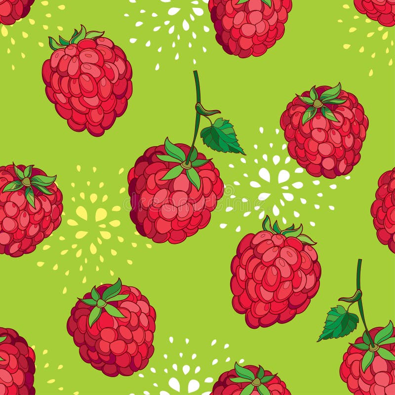 Vector Seamless Pattern with Outline Red Raspberry and Drops on the ...