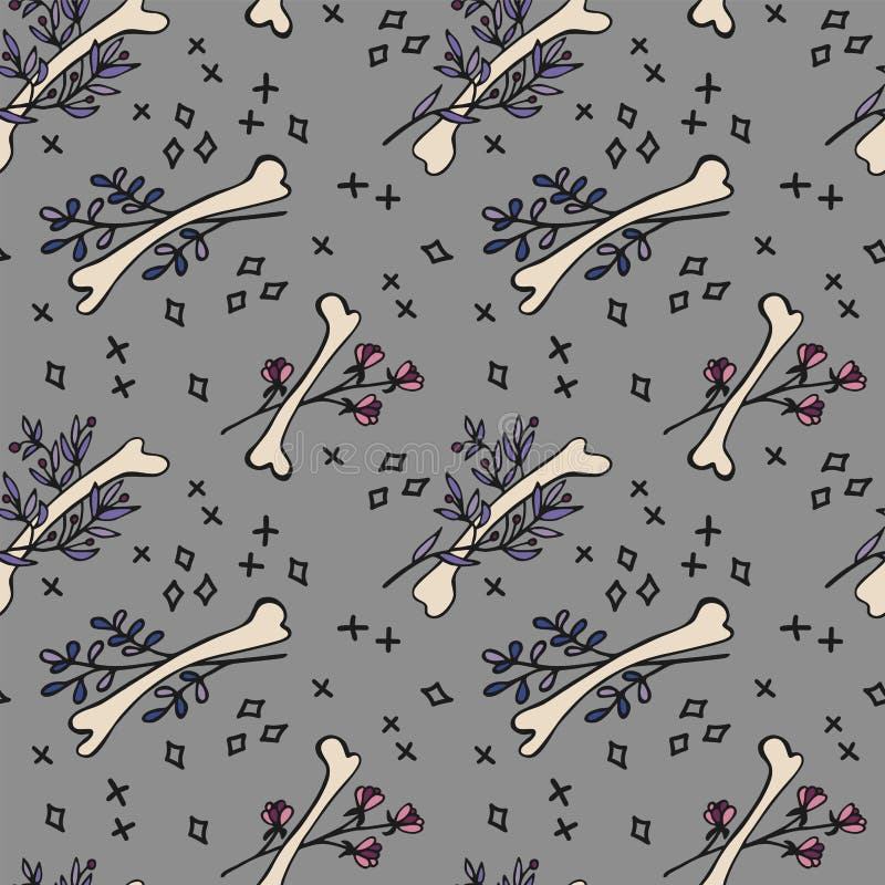Vector Seamless Pattern with Plants and Bones. Hand Drawn Illustration ...