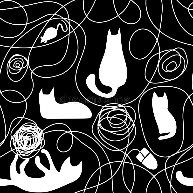 Vector Seamless Pattern with White Cats and Tangled Tangles of Thread ...
