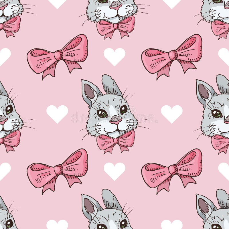 Vector Seamless Pattern with Rabbits, Bows and Hearts Stock ...