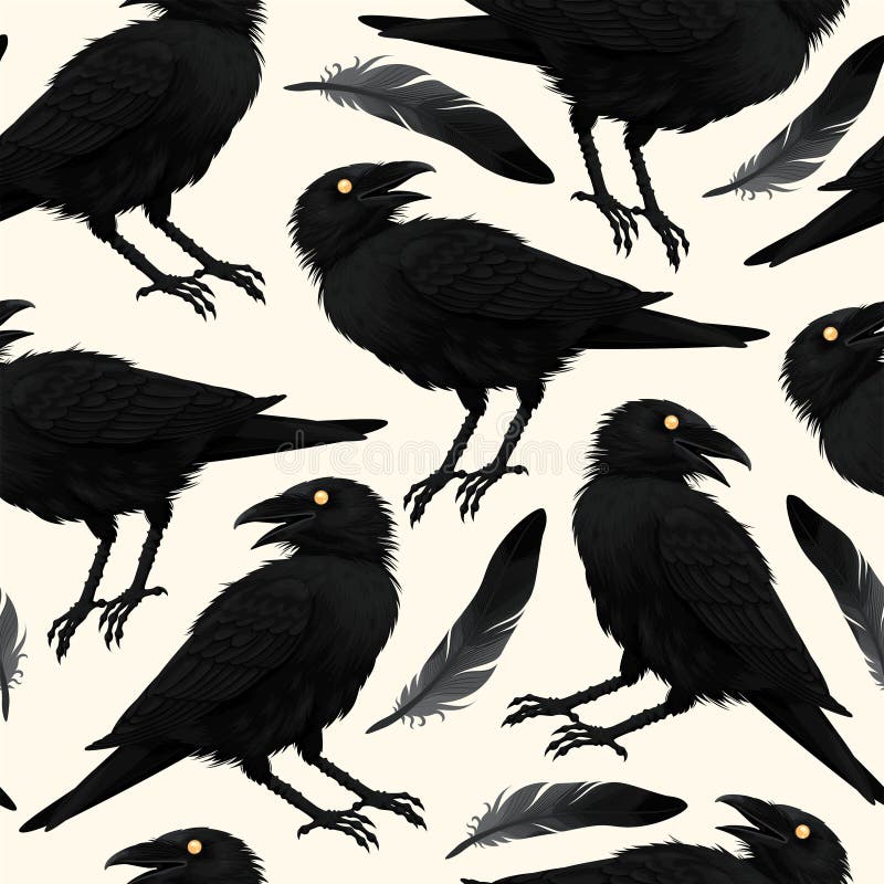 Vector Seamless Pattern with Raven and Feathers Stock Vector ...