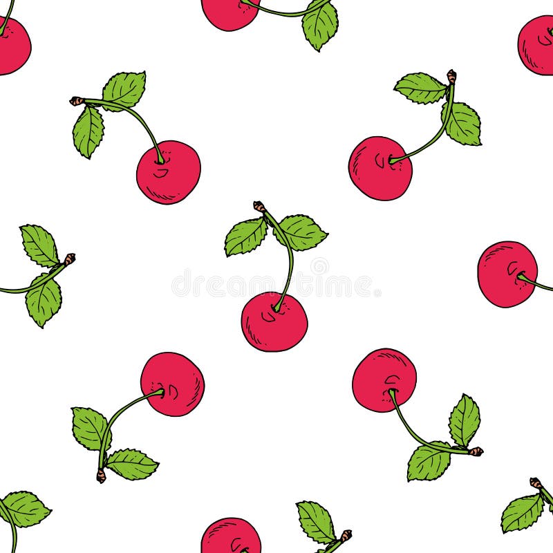 Vector Seamless Pattern of Red Cherries with Green Leaves. a Pattern of ...