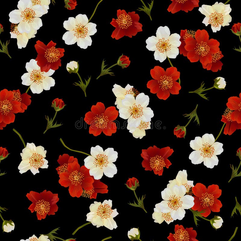 Vector Seamless Pattern with Red and White Flowers on Black. Spring or ...