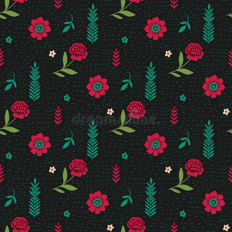 Vector Seamless Pattern Roses Leaves Flowers Cute Dark Background ...