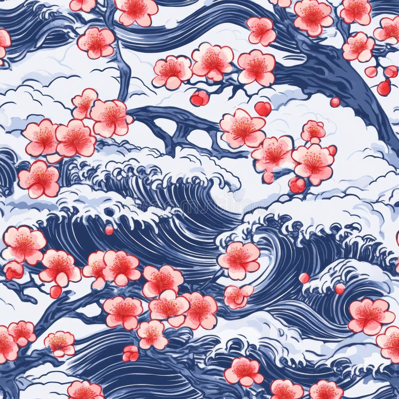 Vector Seamless Pattern with Sakura Flowers and Waves. Japanese Style ...