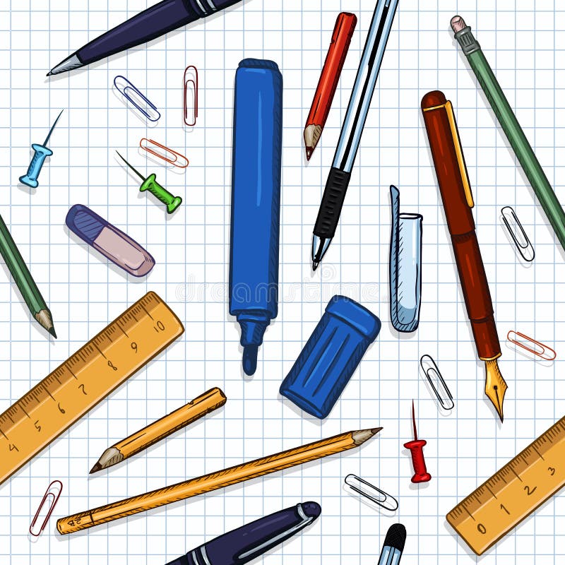 Vector Seamless Pattern of School Stationery Items on Checkered Paper ...