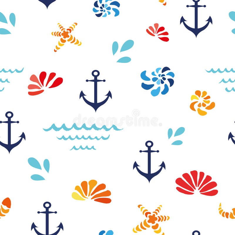 Vector Seamless Pattern with Sea Shells, Wave, Ancor. Ocean Design ...