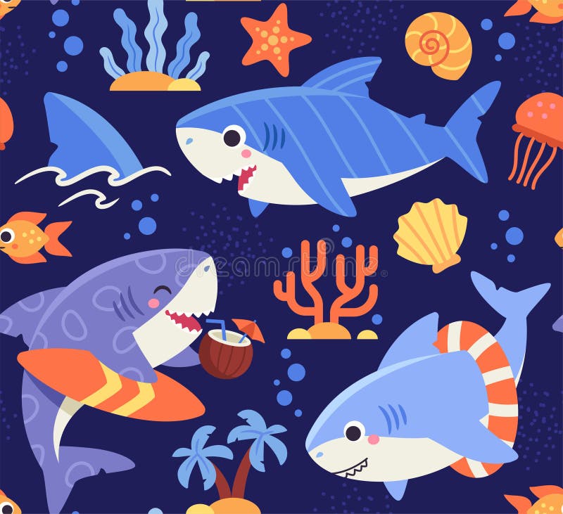Vector Seamless Pattern with Sharks Stock Vector - Illustration of ...