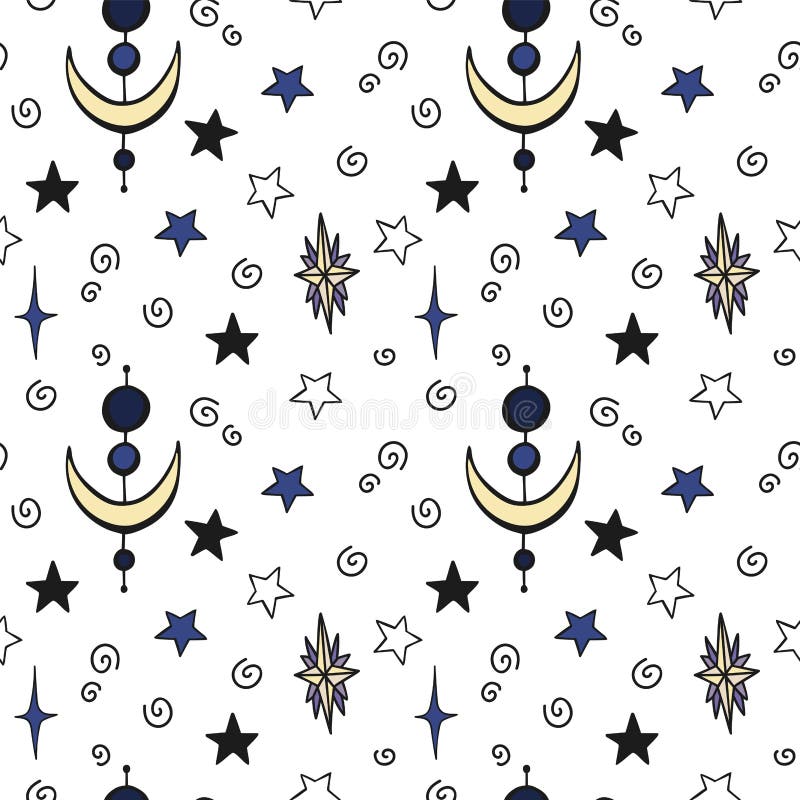 Vector Seamless Pattern with Stars and Moon. Hand Drawn Illustration ...