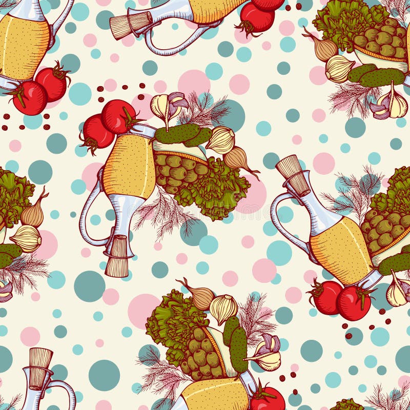 Vector Seamless Pattern with Still Life with Vegetables and Oil Stock ...