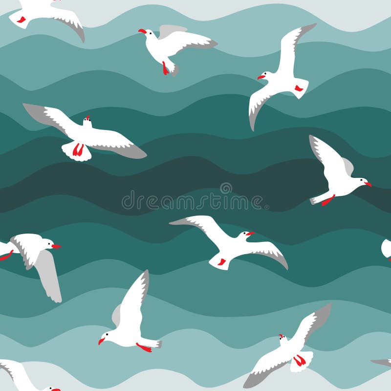 Vector Seamless Pattern in the Style of Flat Seagulls Over the Waves ...