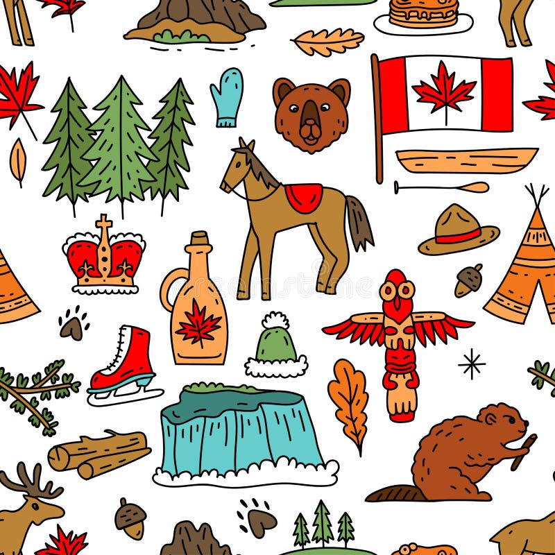 Canada Sign and Symbol Flat Icons Set in Seamless Pattern. Stock Vector ...