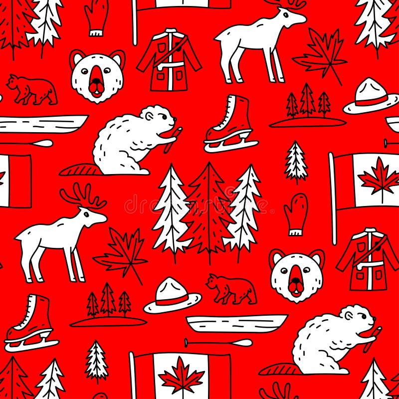 Canada Sign and Symbol Flat Icons Set in Seamless Pattern. Stock Vector ...