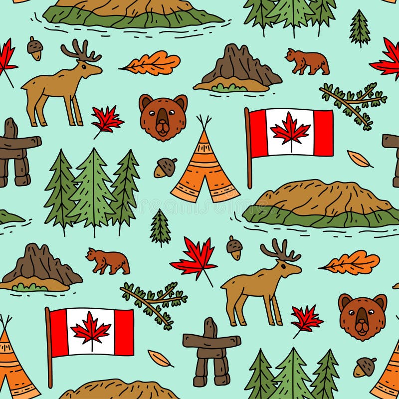 Canada Sign and Symbol Flat Icons Set in Seamless Pattern. Stock Vector ...