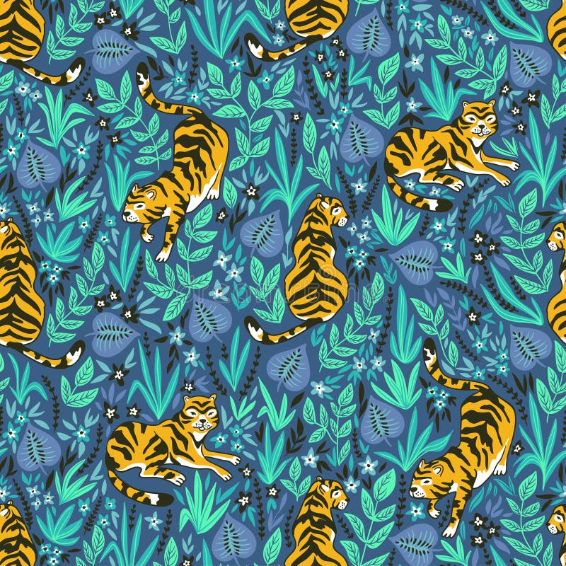 Vector Seamless Pattern with Tigers in the Jungle. Tropical Background ...