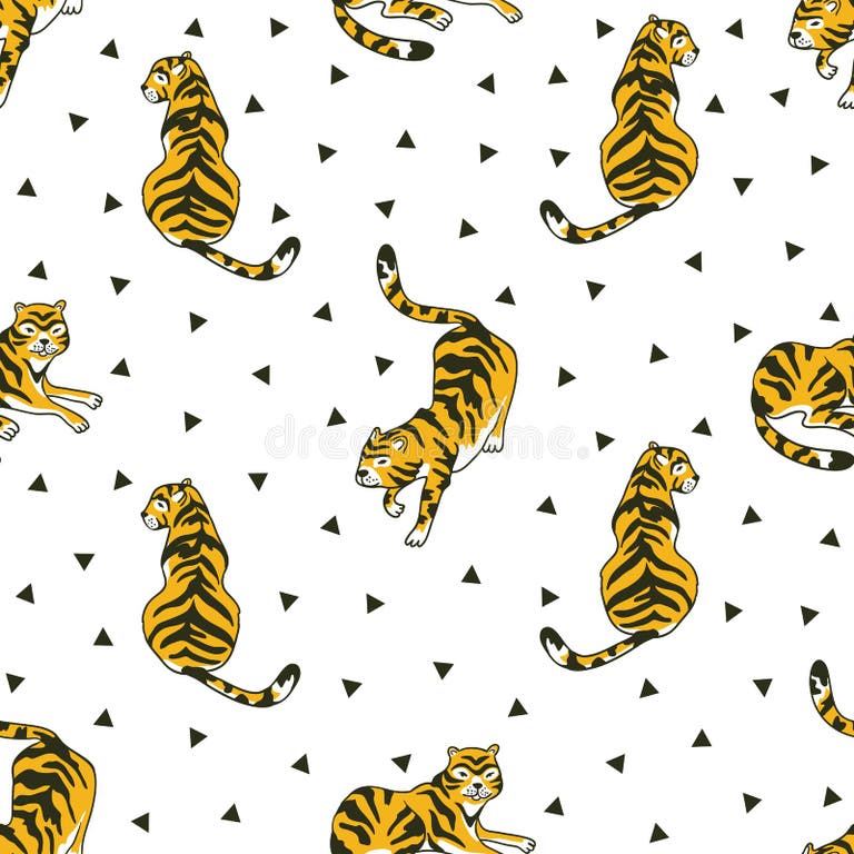 Vector Seamless Pattern with Tigers and Triangles Isolated on the White ...