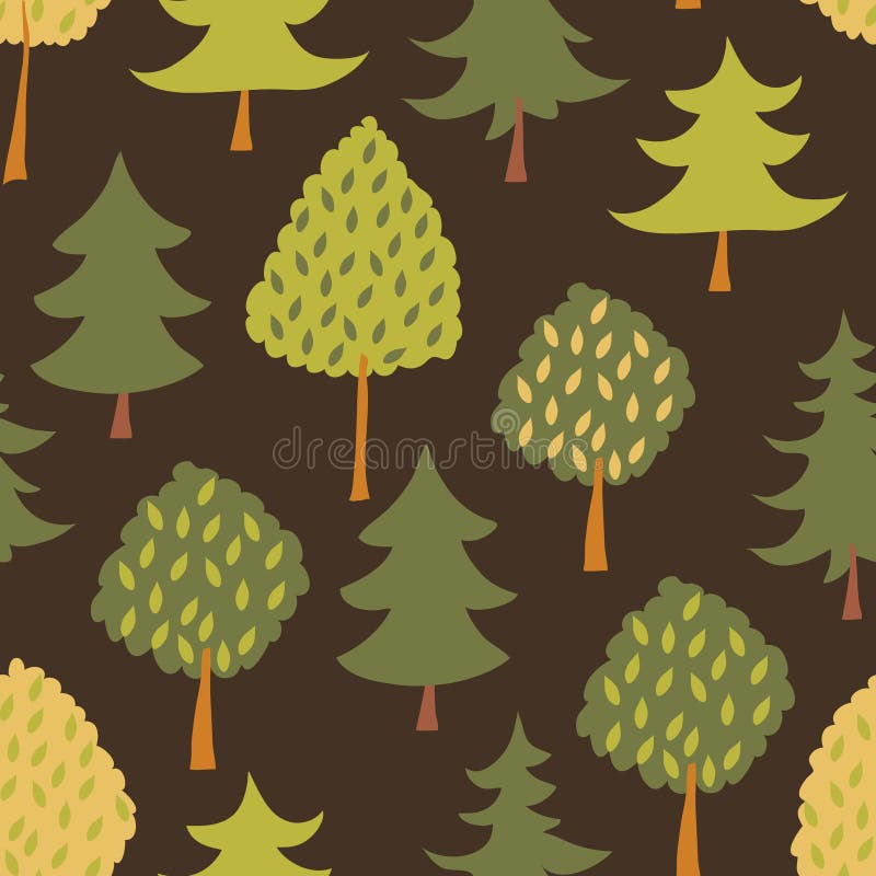 Vector Seamless Pattern with Trees on Dark Brown Backdrop Stock Vector ...