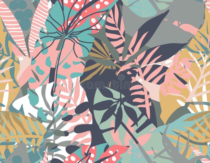 Vector Seamless Pattern with Tropical Plants and Hand Drawn Abstract ...