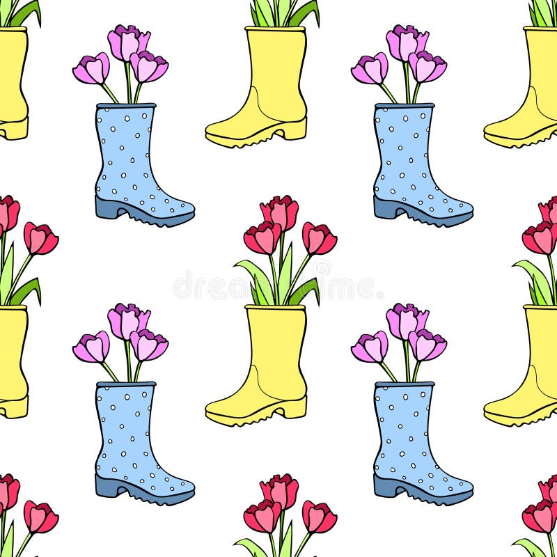 Vector Seamless Pattern with Tulip Flowers in Rubber Rain Boots. Hand ...