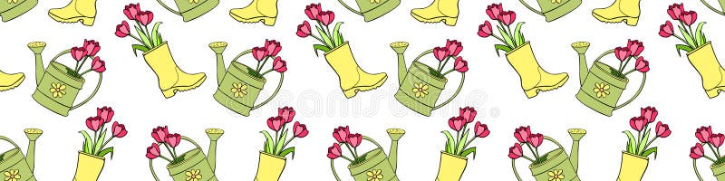 Vector Seamless Pattern with Tulip Flowers in Rubber Rain Boots ...