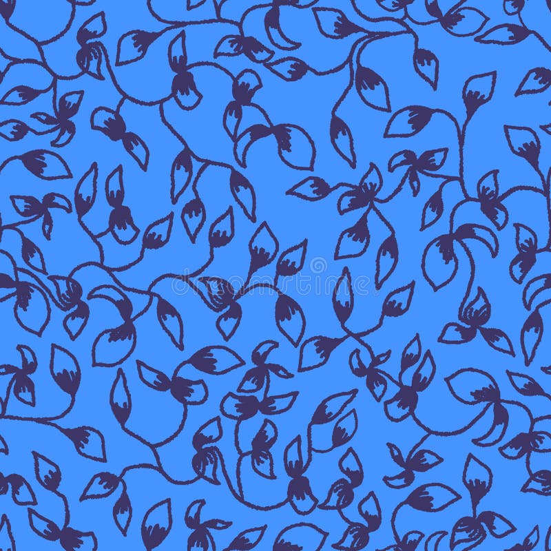 Blue Vector Seamless Pattern Twigs with Leaves and Curls. Charcoal Pencil Drawing Contour ...