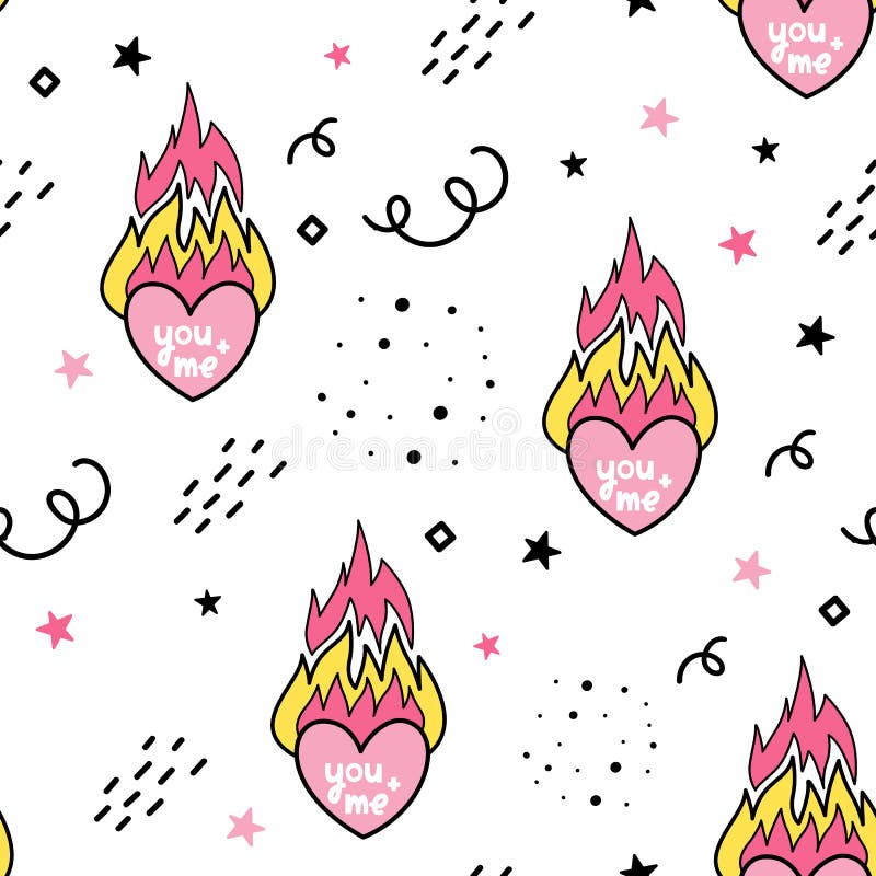 Vector Seamless Pattern for Valentine`s Day. Flaming Heart, Fire. Hand ...