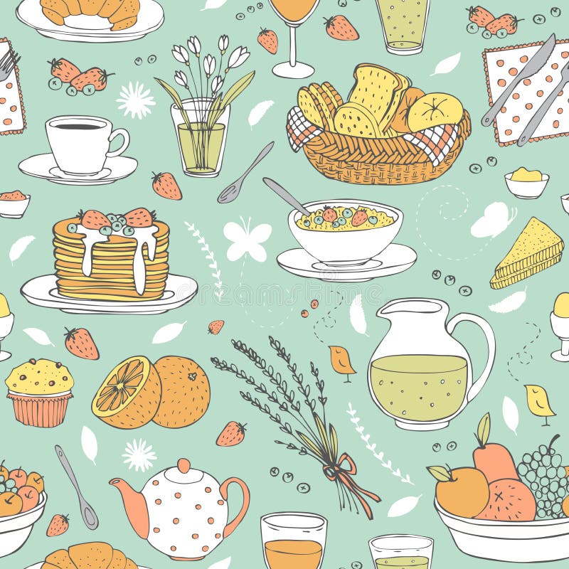 Vector Seamless Pattern with Various Breakfast Items Stock Vector ...