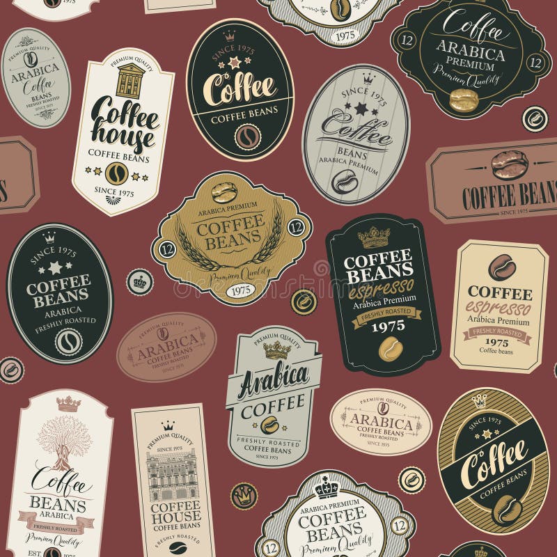 Vector Seamless Pattern with Various Coffee Labels Stock Vector ...
