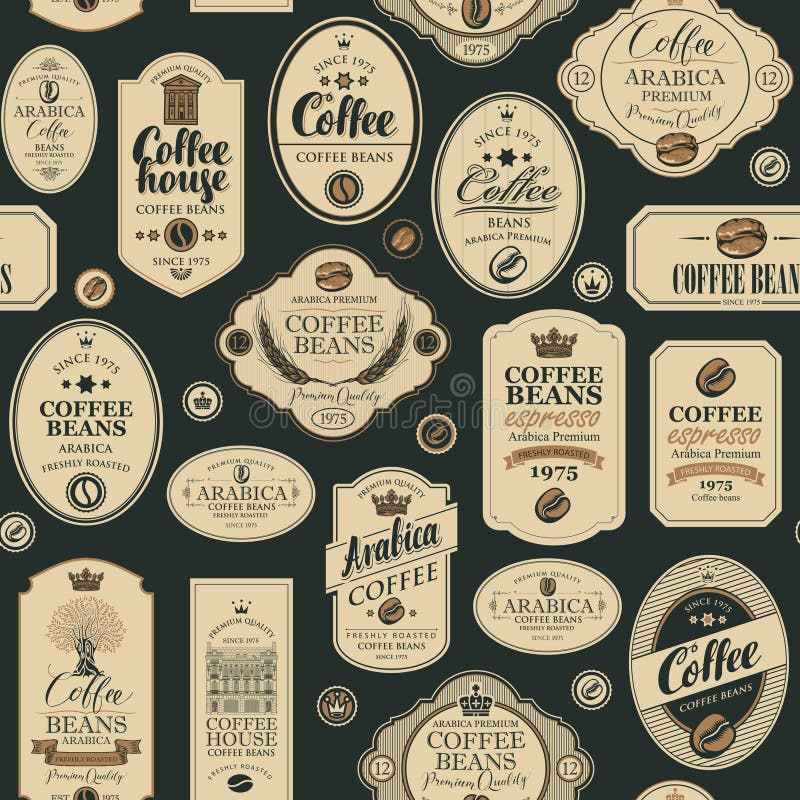 Vector Seamless Pattern with Various Coffee Labels Stock Vector ...